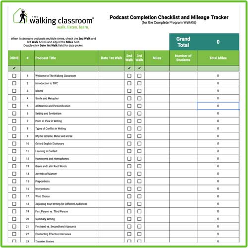 New Podcast Checklist and Mileage Tracker - The Walking Classroom